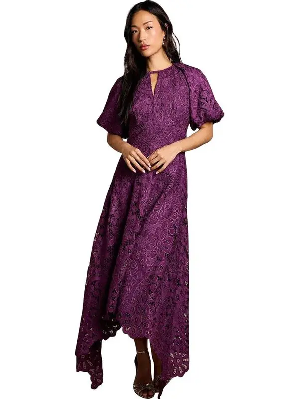 Coast Lace Hanky Hem Puff Sleeve Dress - Plum