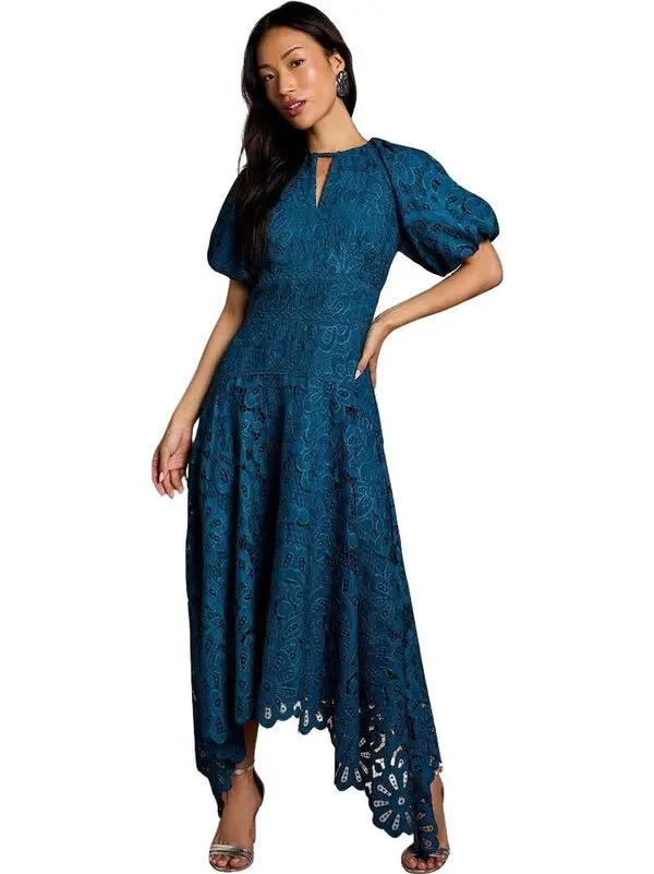 Coast Lace Puff Sleeve Hanky Hem Dress - Teal