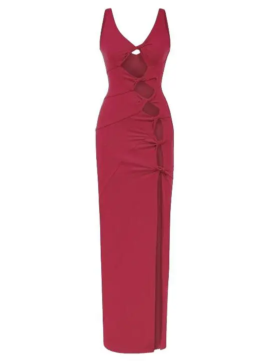 JENDUE Elegant Cut-out Maxi Gown - Cherry