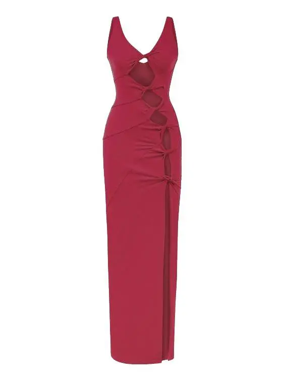 JENDUE Elegant Cut-out Maxi Gown - Cherry