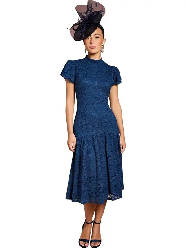 Coast Lace Frill Sleeve High Neck Midi Dress - Navy