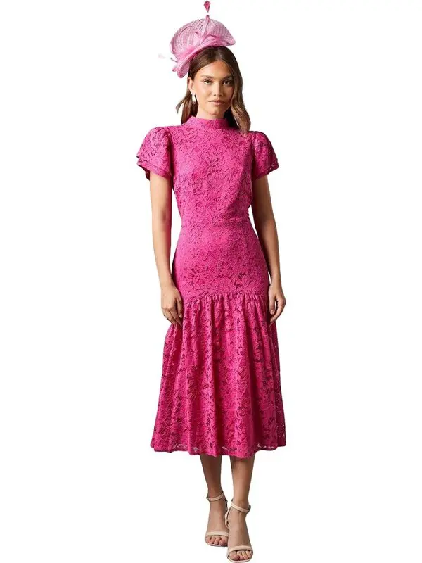 Coast Lace Frill Sleeve High Neck Midi Dress - Pink
