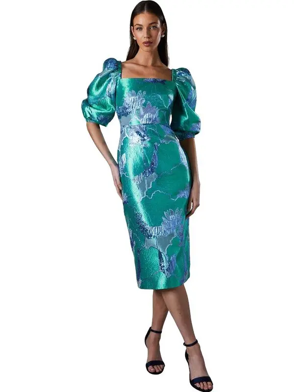 Coast Bubble Sleeve Jacquard Midi Dress - Green