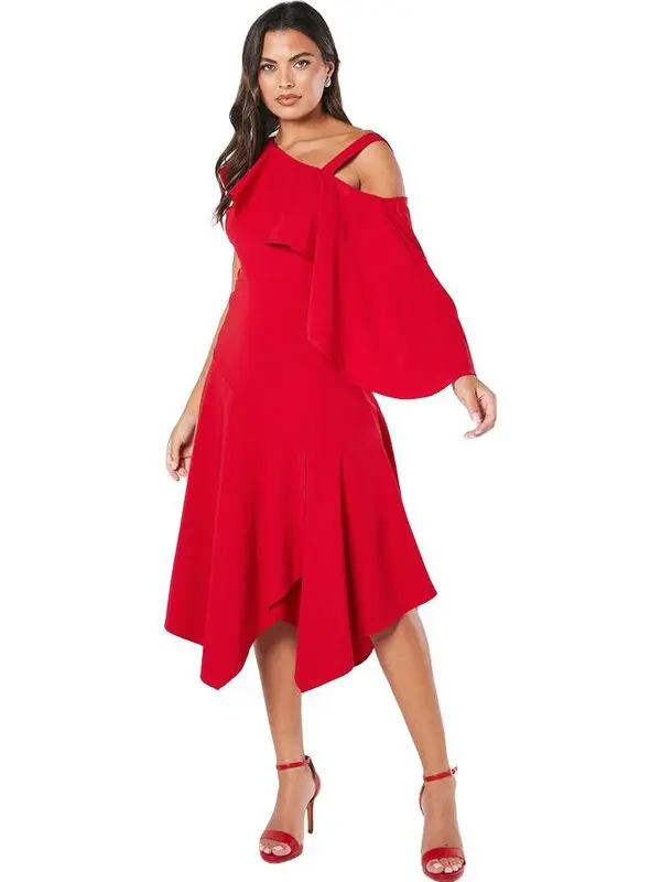 Coast One Shoulder Ruffle Crepe Midi Dress - Red