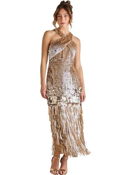 Coast Sequin Tassel Halter Neck Midi Dress - Gold