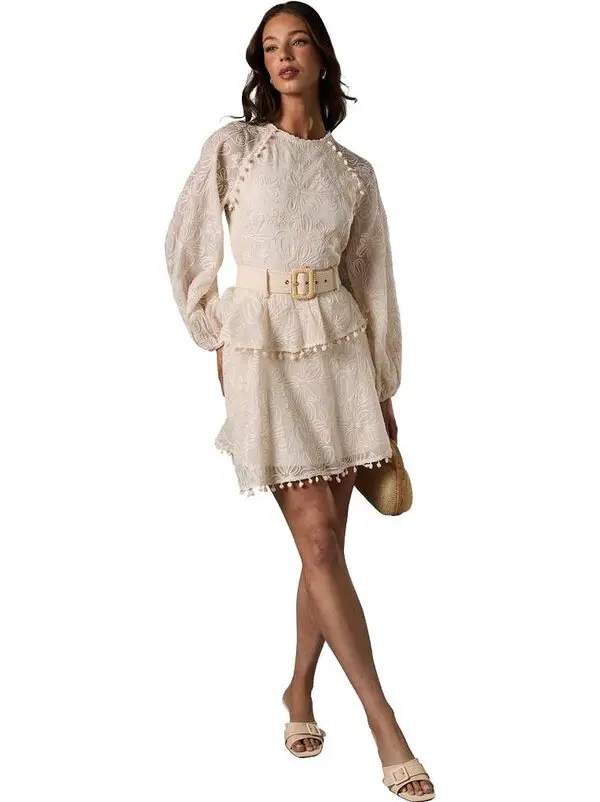 Coast Long Sleeve Tiered Skirt Belted Mini Dress - Cream