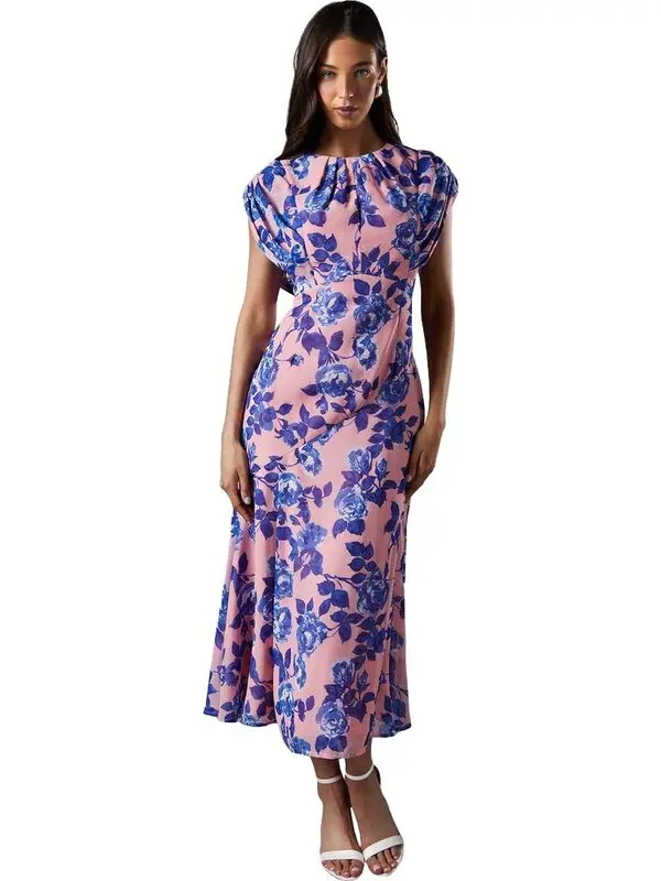 Coast Cap Sleeve Floral Chiffon Midi Dress - Nude
