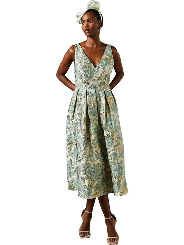 Coast V-neck Jacquard Midi Dress - Sage