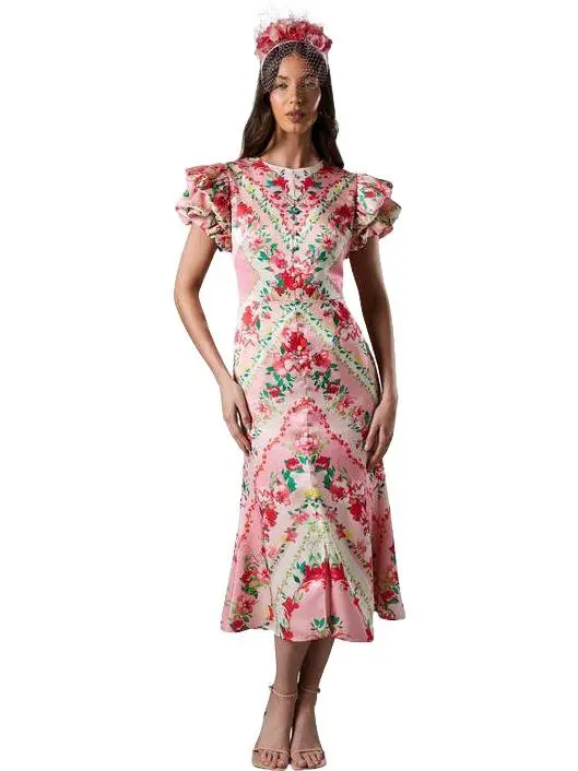 Coast Lisa Printed Ruffle Hem Midi Dress - Pink