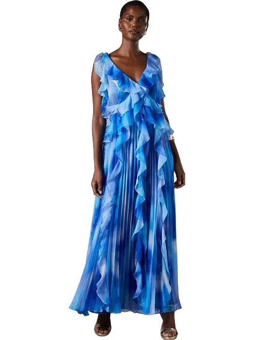 Coast Sleeveless V-neck Chiffon Maxi Dress With Frills And Pleated Skirt - Blue