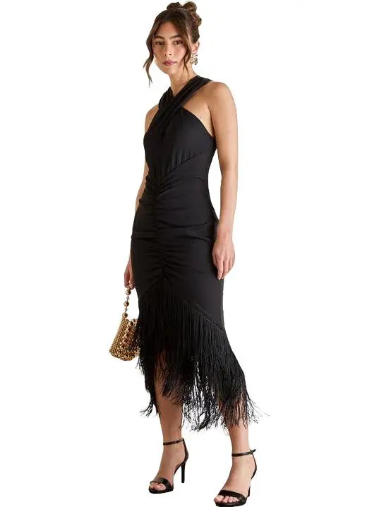Coast Fringe Hem Cross Neck Midi Dress - Black