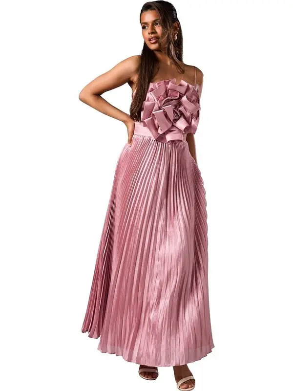 Coast Metallic Pleated Corsage Maxi Dress - Pink