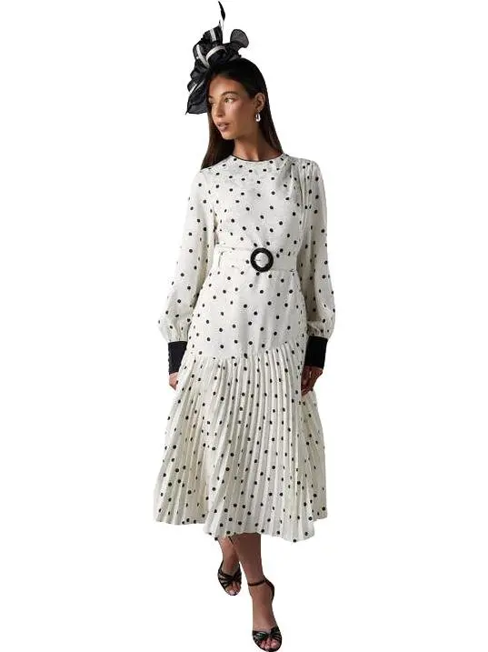 Coast Long Sleeve Pleated Midi Dress With Decorative Buckle - Mono