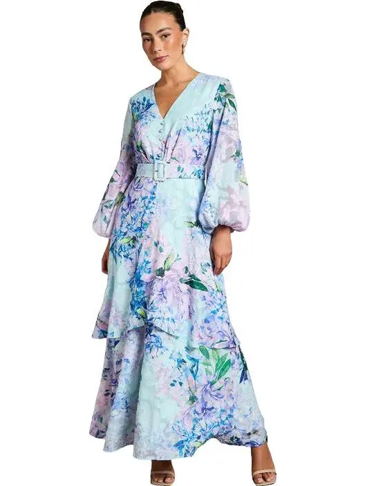Coast Long Sleeve Chiffon Belted Maxi Dress - Blue
