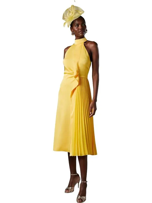 Coast Halter Pleated Asymmetric Hem Midi Dress - Yellow
