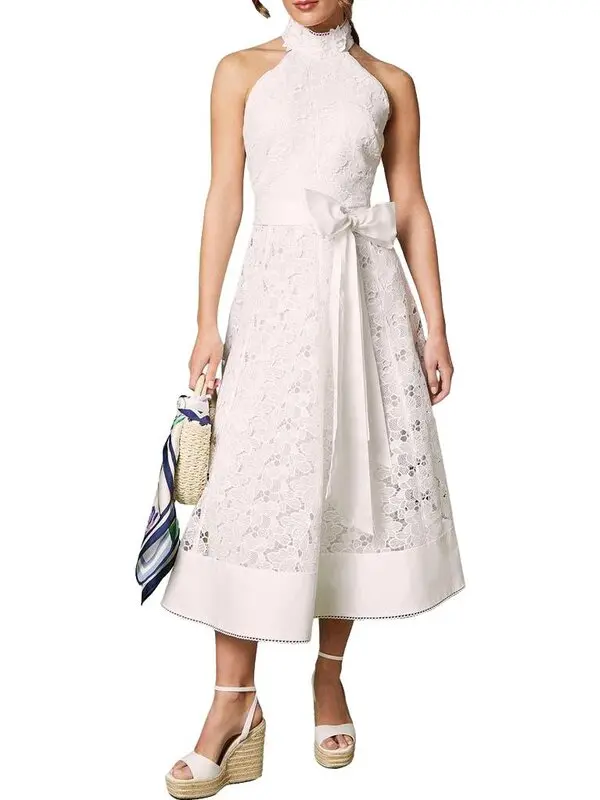Coast Halterneck Belted Lace Midi Dress - Ivory