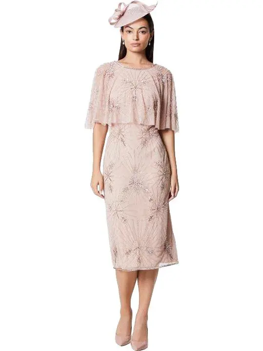 Coast Floral Embellished Cape Midi Dress - Blush
