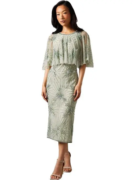 Coast Floral Embellished Cape Midi Dress - Sage