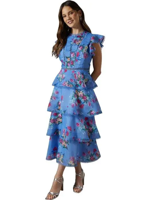 Coast Lace Trim Tiered Organza Midi Dress - Blue