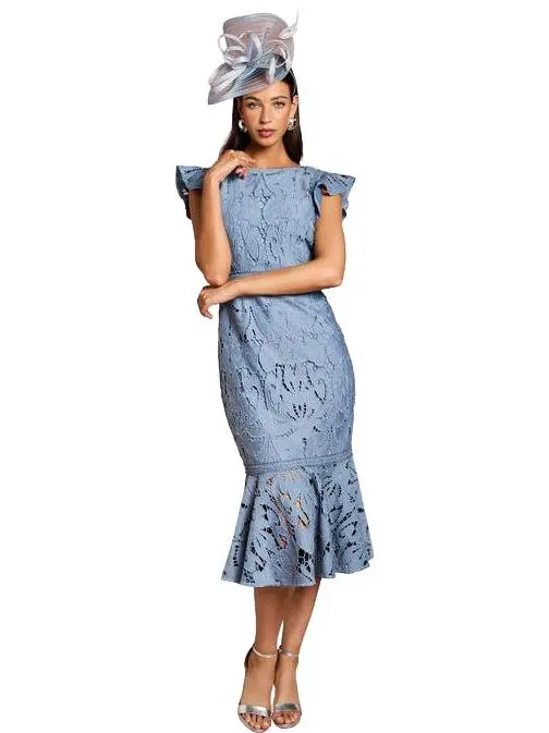 Coast Frill Sleeve Lace Flute Hem Dress - Grey Blue