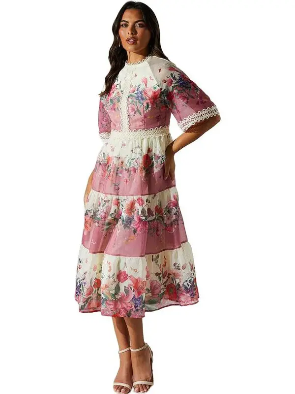 Coast Organza Floral Tiered Midi Dress With Lace Trim - Multi