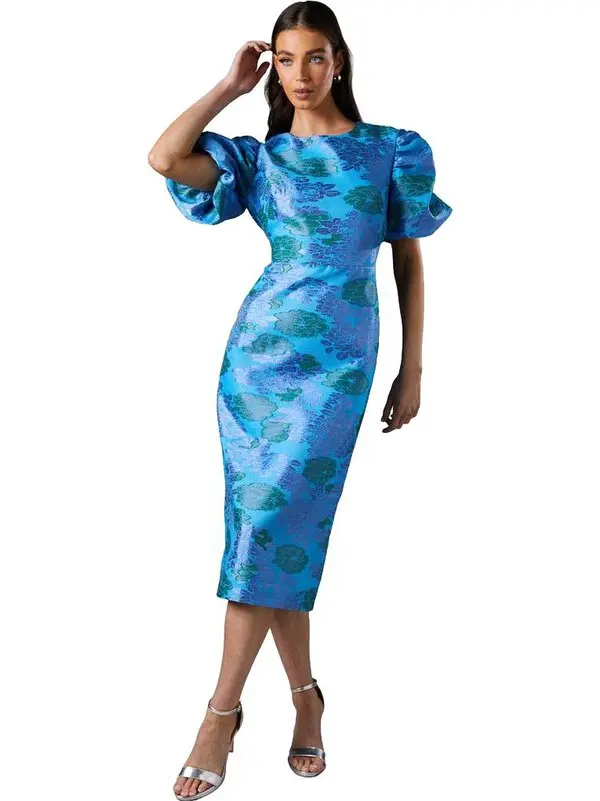 Coast Jacquard Floral Puff Sleeve Midi Dress - Blue