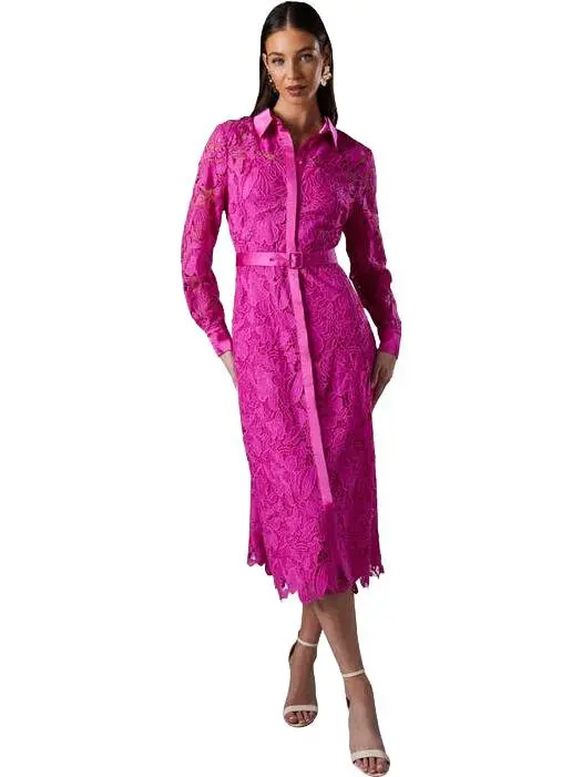 Coast Lace Collared Long Sleeve Midi Shirt Dress - Magenta