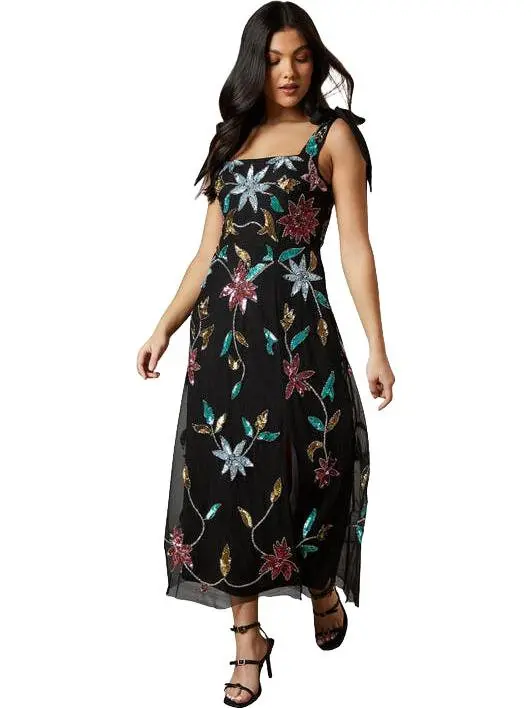 OASIS Floral Embellished Split Midi Dress - Black