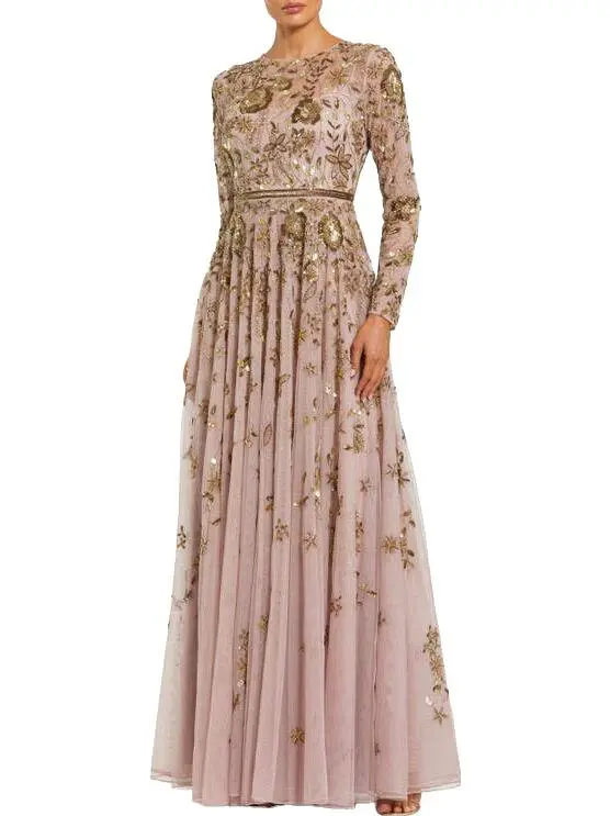 Mac Duggal Long Sleeve Hand Embellished Floral A-line Gown - Mocha Multi