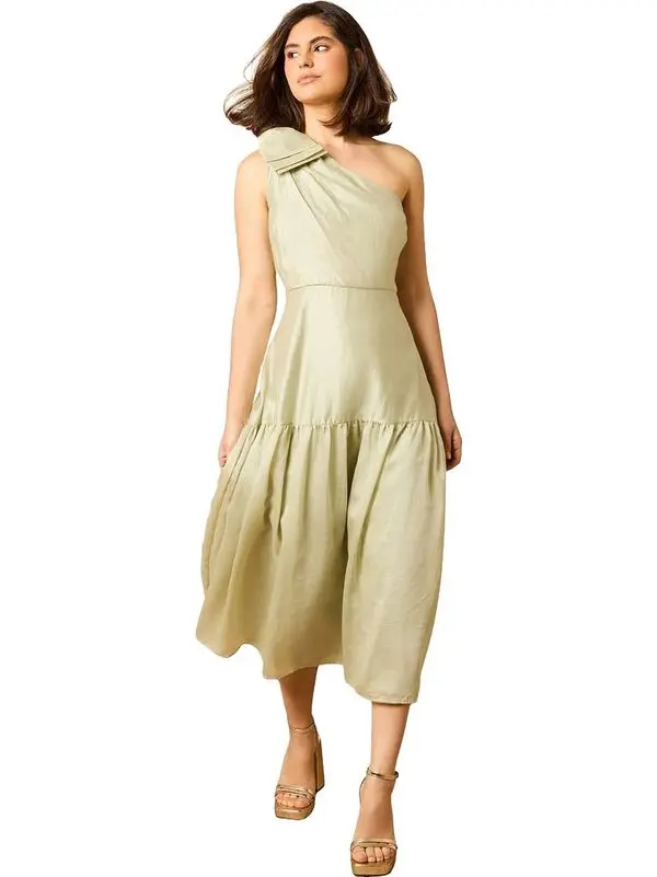 OASIS Bow Shoulder Detail Midi Dress - Pistachio