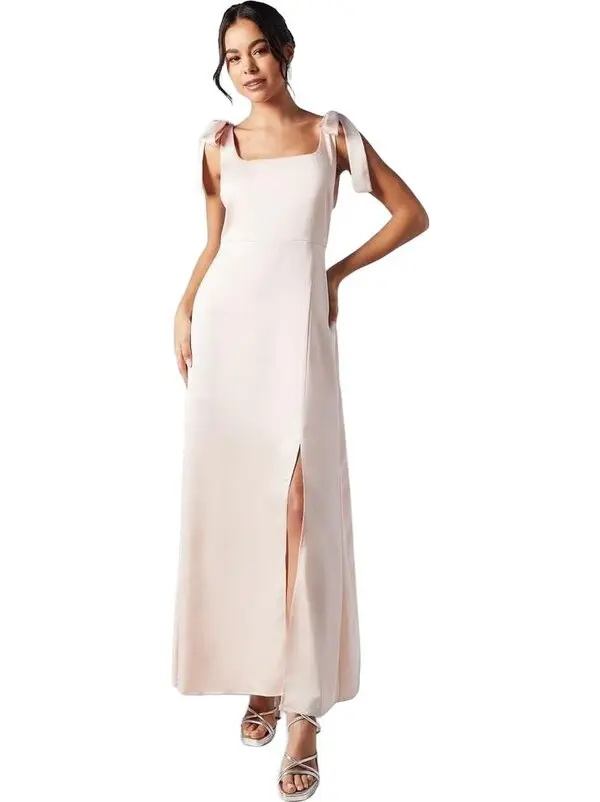 OASIS Satin Midi Dress With Tie Shoulders - Blush