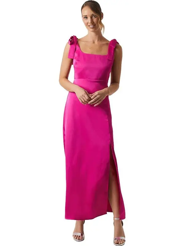 OASIS Satin Midi Dress With Tie Shoulders - Bright Pink