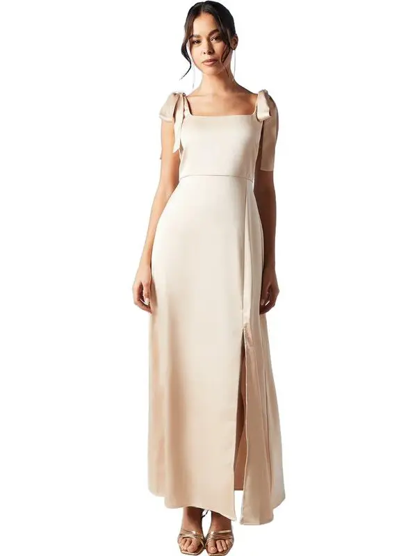 OASIS Satin Midi Dress With Tie Shoulders - Champagne