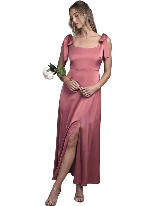 OASIS Satin Midi Dress With Tie Shoulders - Terracotta