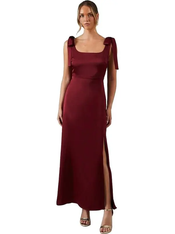 OASIS Satin Midi Dress With Tie Shoulders - Wine