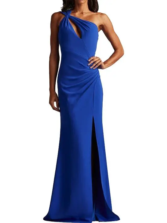 Tadashi Shoji Twist Detail One-shoulder Crepe Gown - Mystic Blue