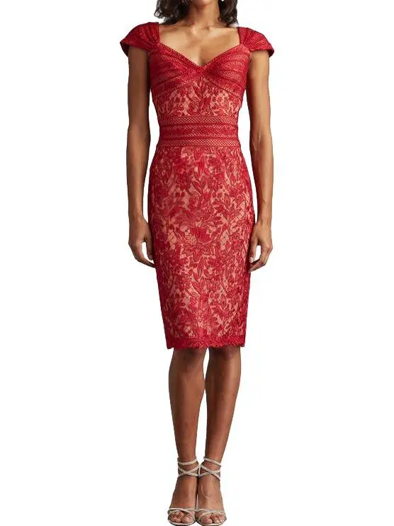 Tadashi Shoji Lace Cap-sleeve Cocktail Dress - Cherry/medium-beige