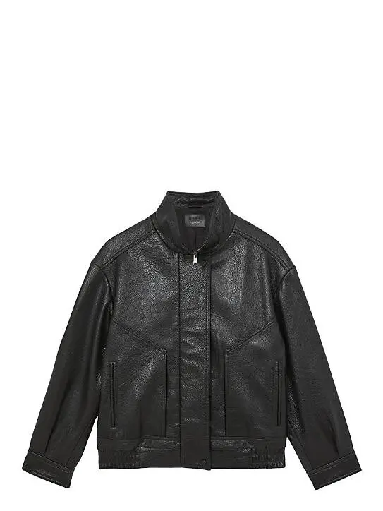 REISS Kiara Oversized Leather Bomber Jacket - Black
