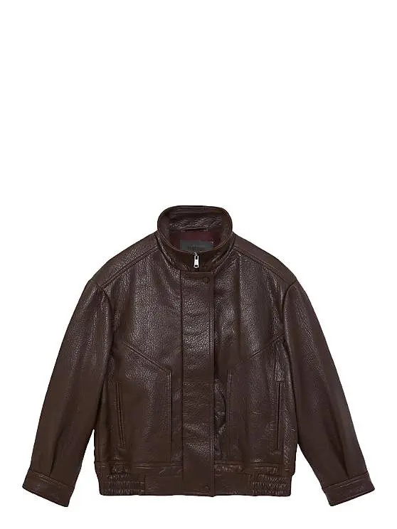 REISS Kiara Oversized Leather Bomber Jacket - Burgundy