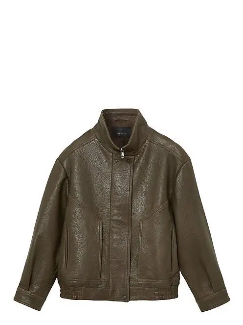 REISS Kiara Oversized Leather Bomber Jacket - Khaki Green