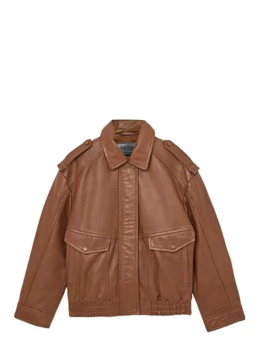 REISS Oversized Leather Jacket - Tan