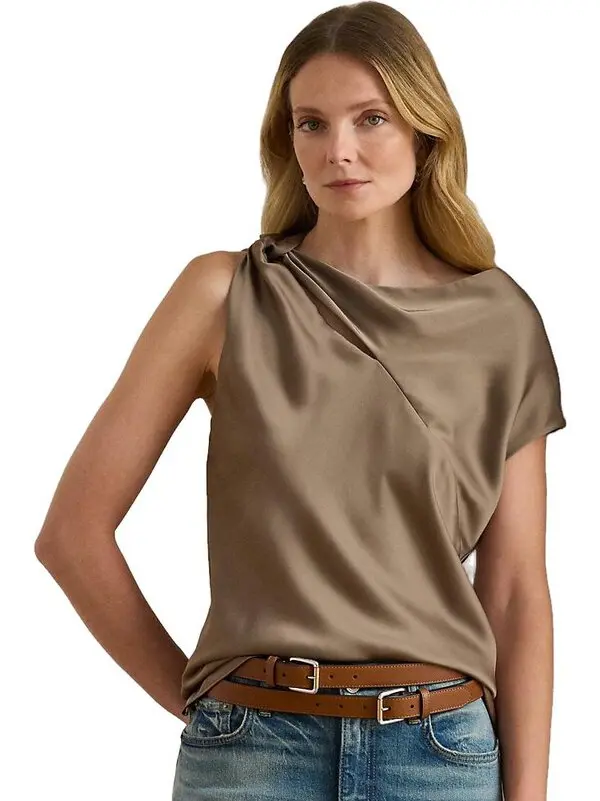 Ralph Lauren Charmeuse Asymmetrical Blouse - Taupe Brown