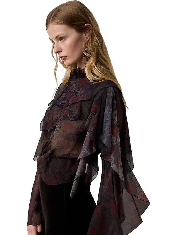 Ralph Lauren Ilene Ruffle-trim Floral Chiffon Blouse - Black/crimson Multi