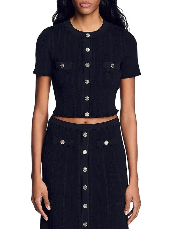 Sandro Cropped Pointelle Knit Cardigan - Black