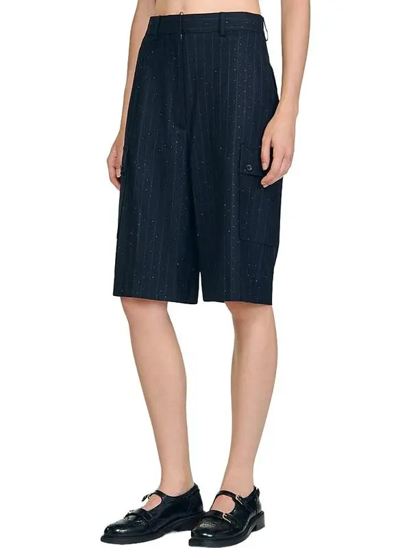 Sandro Rhinestone Pinstripe Long Shorts - Navy Blue