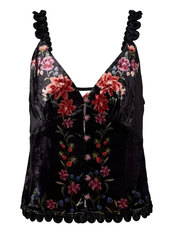 Farm Rio Floral Velvet Top - Black