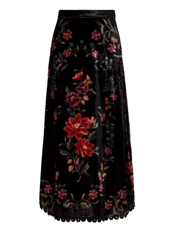 Farm Rio Floral Velvet Maxi Skirt - Black