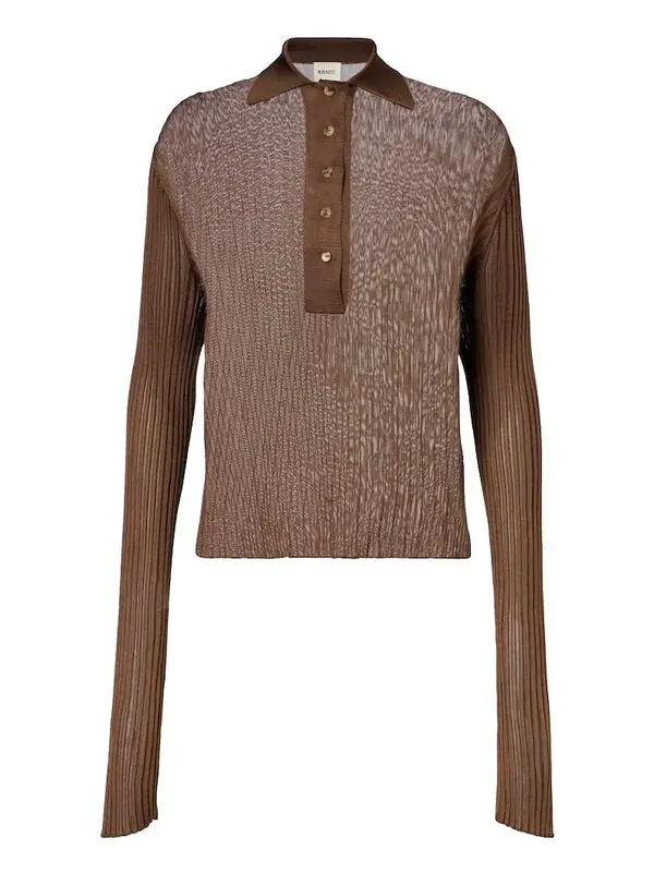 Khaite Vin Ribbed-knit Sheer Polo Shirt - Brown