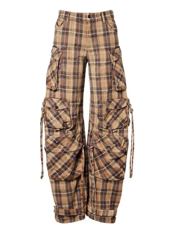 Attico Checked Cotton Flannel Cargo Pants - Beige