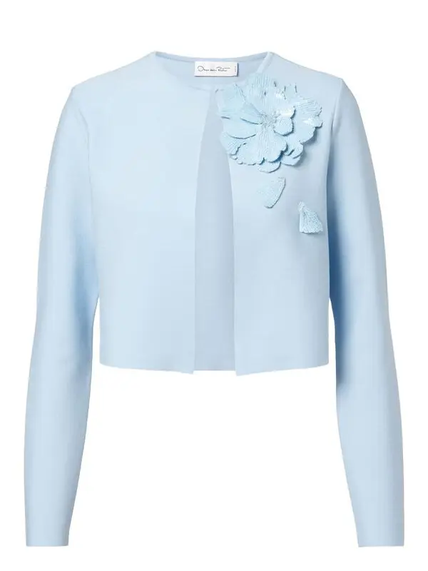 Oscar De La Renta Cropped Floral-appliqué Sequined Jacket - Blue